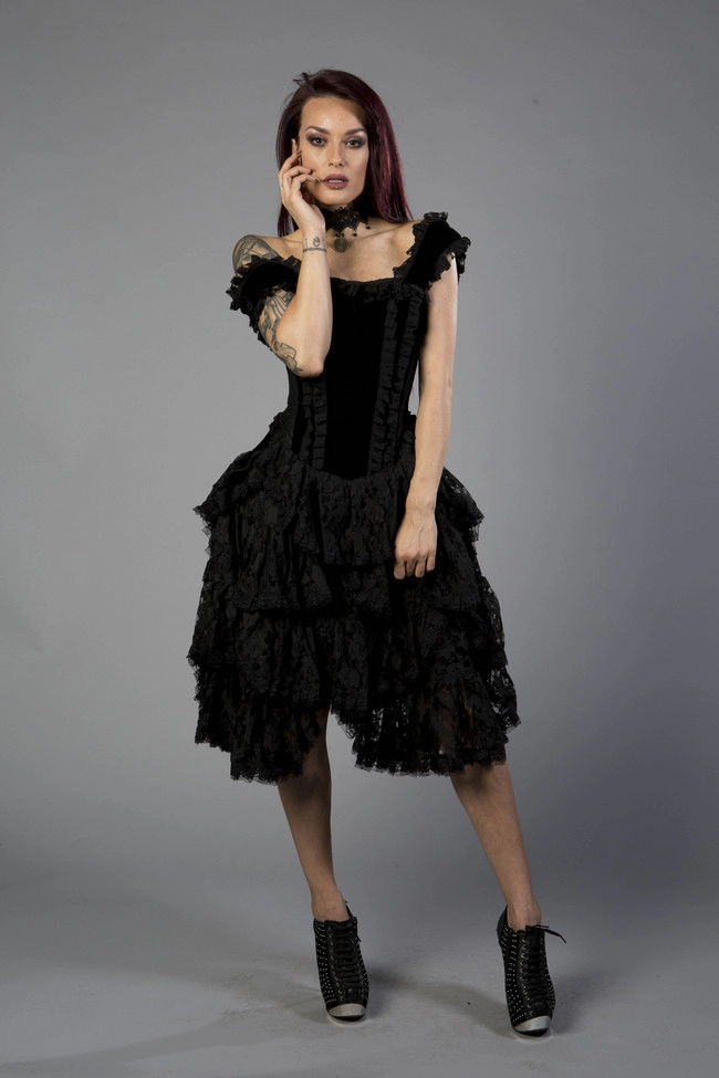 Sophia knee length burlesque corset dress in black velvet flock ...